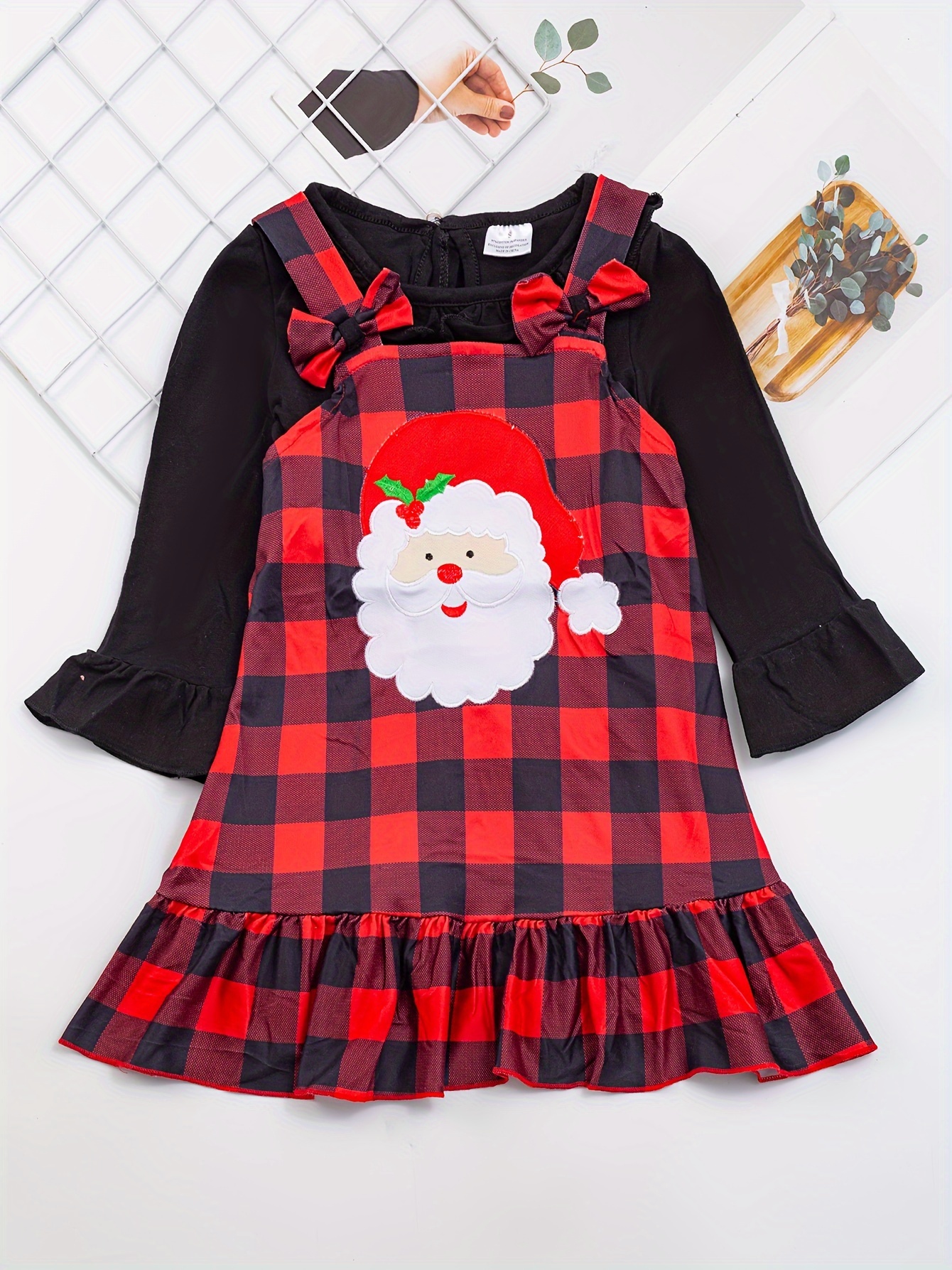 Girls Solid Ruffle Trim Long Sleeve Shirt ＋ Santa Claus - Temu Australia