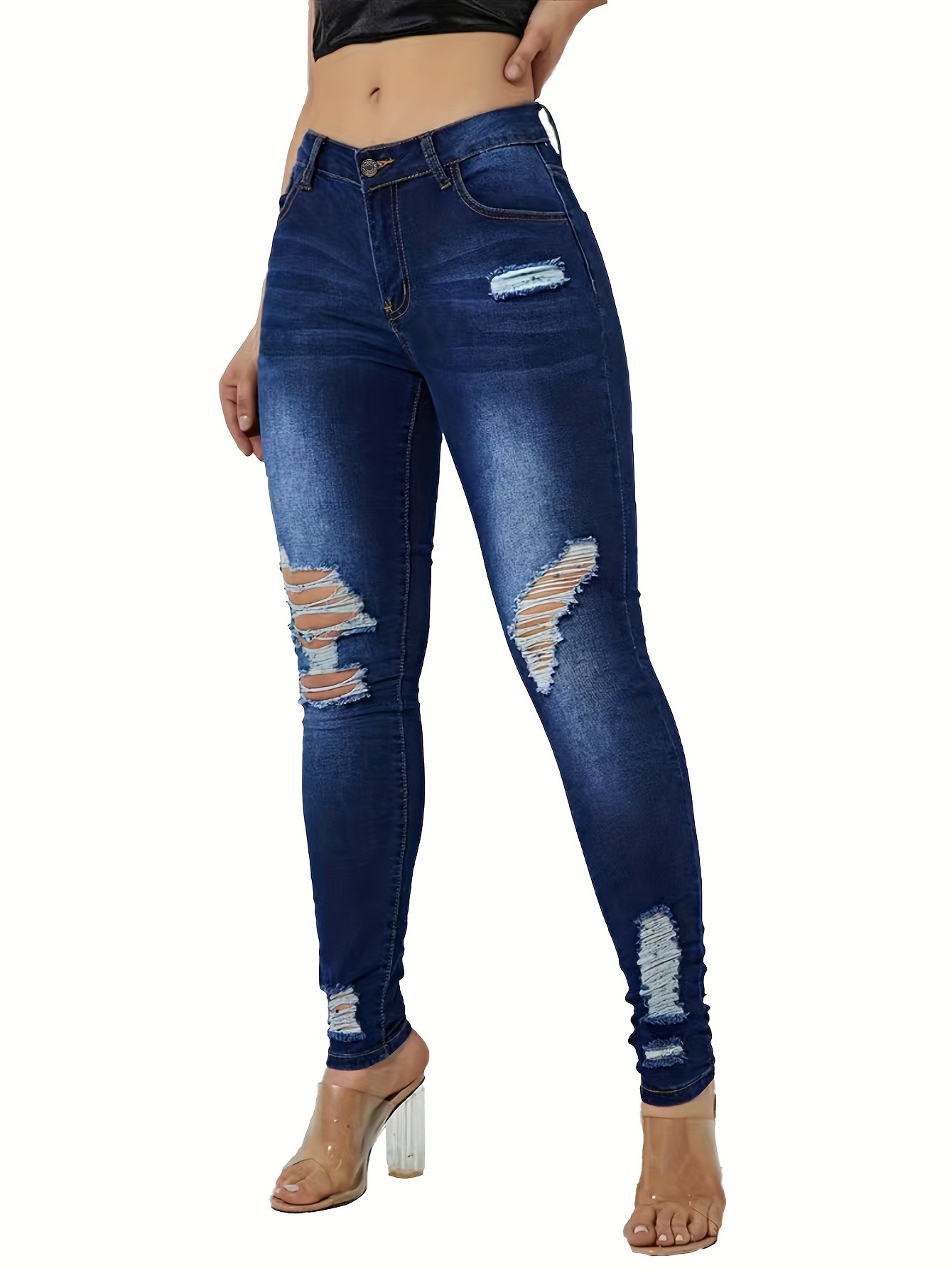 Ripped Holes Washed Skinny Jeans Slant Pocket Fashion - Temu Canada