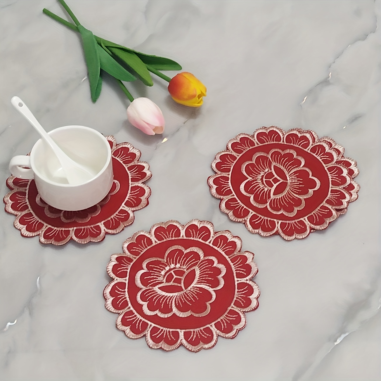 Polyster Fabric Coasters Red Romantic Flower Lace Coasters - Temu ...
