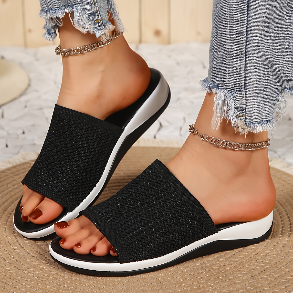 Womens Knitted Vamp Flat Slides Casual Open Toe Slip Shoes - Temu ...