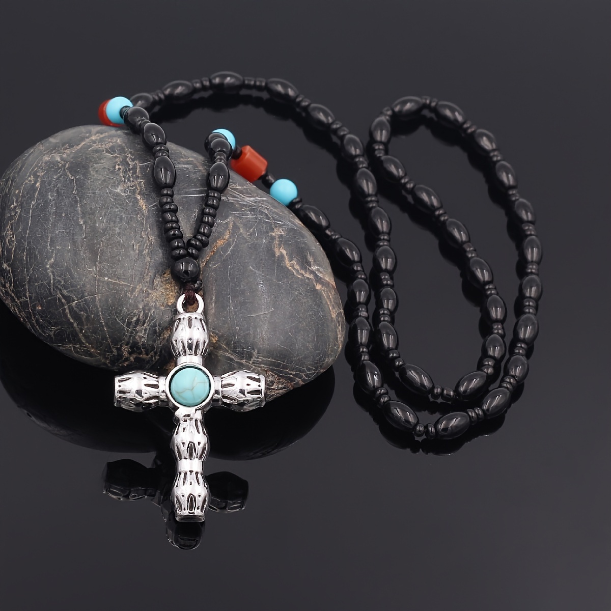 1pc Collana Croce Turchese Perline Ovali Nere Uomo Regalo - Temu Italy