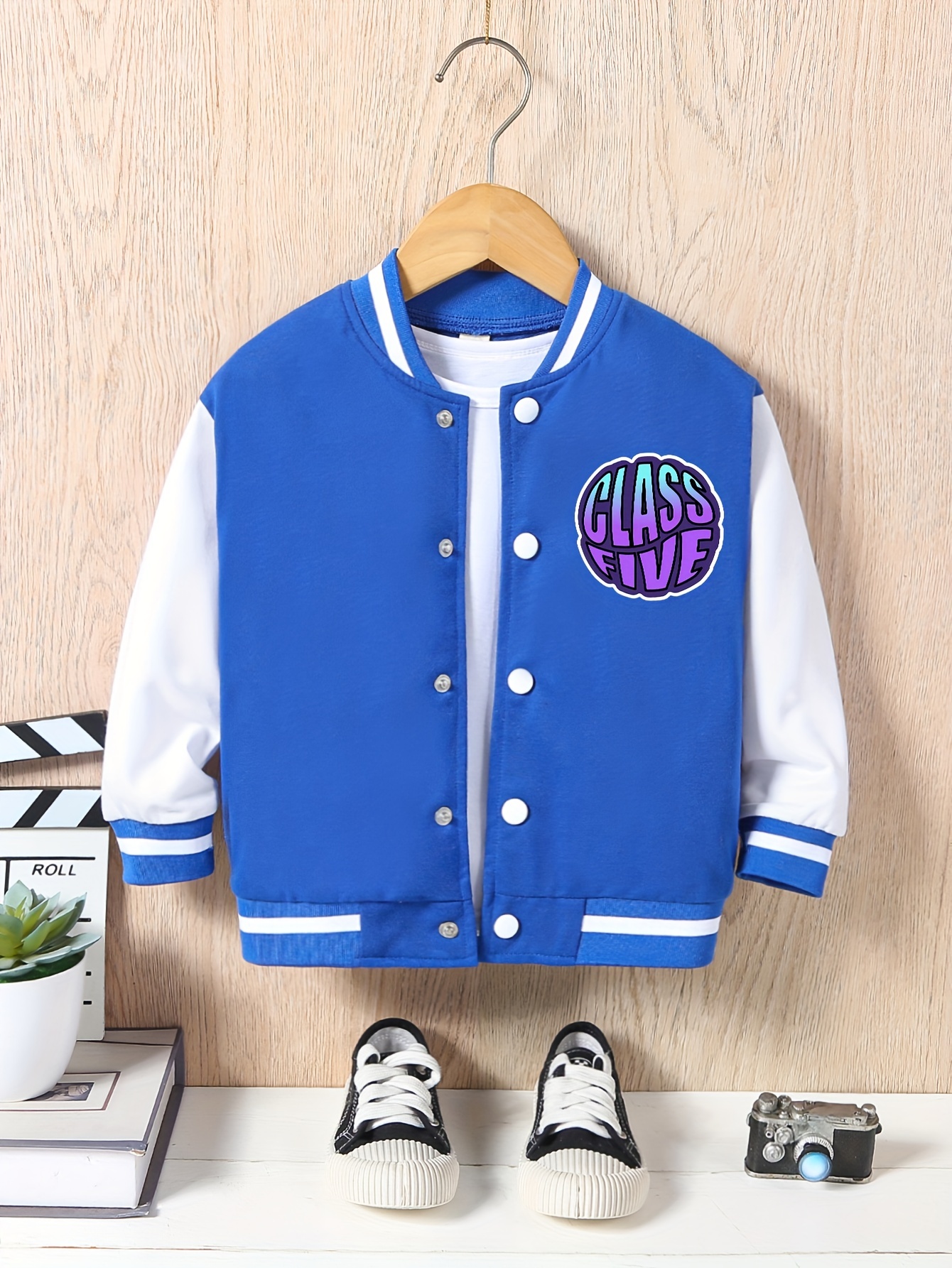 Kids Color Gradient Class Five Print Varsity Jacket Button - Temu Australia