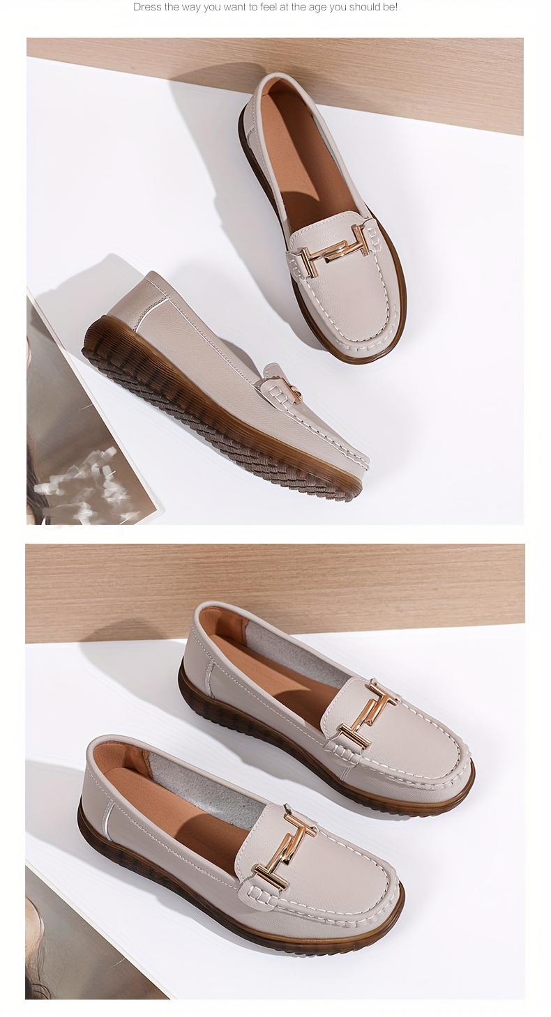 Metallic Buckle Decor Loafers Women S Solid Color Round Toe Temu