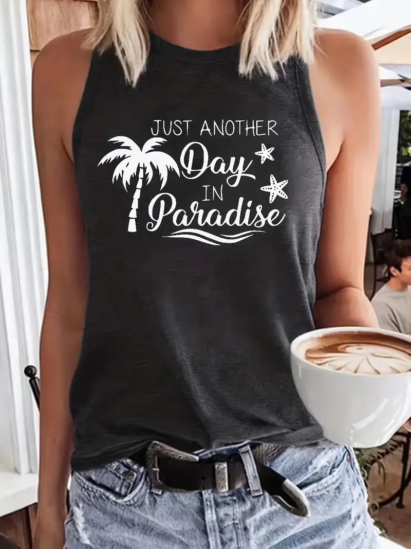 Letter Coconut Tree Print Tank Top Casual Crew Neck Temu Canada