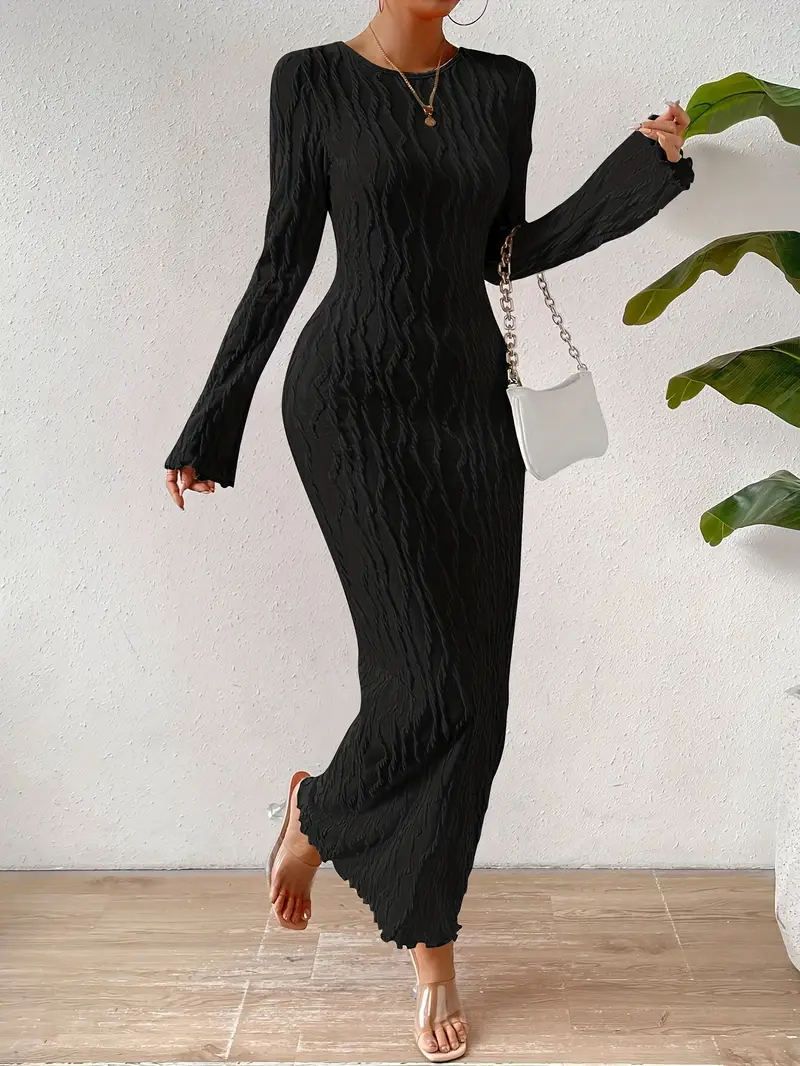 Texture Bodycon Open Back Dress Elegant Crew Neck Long Temu