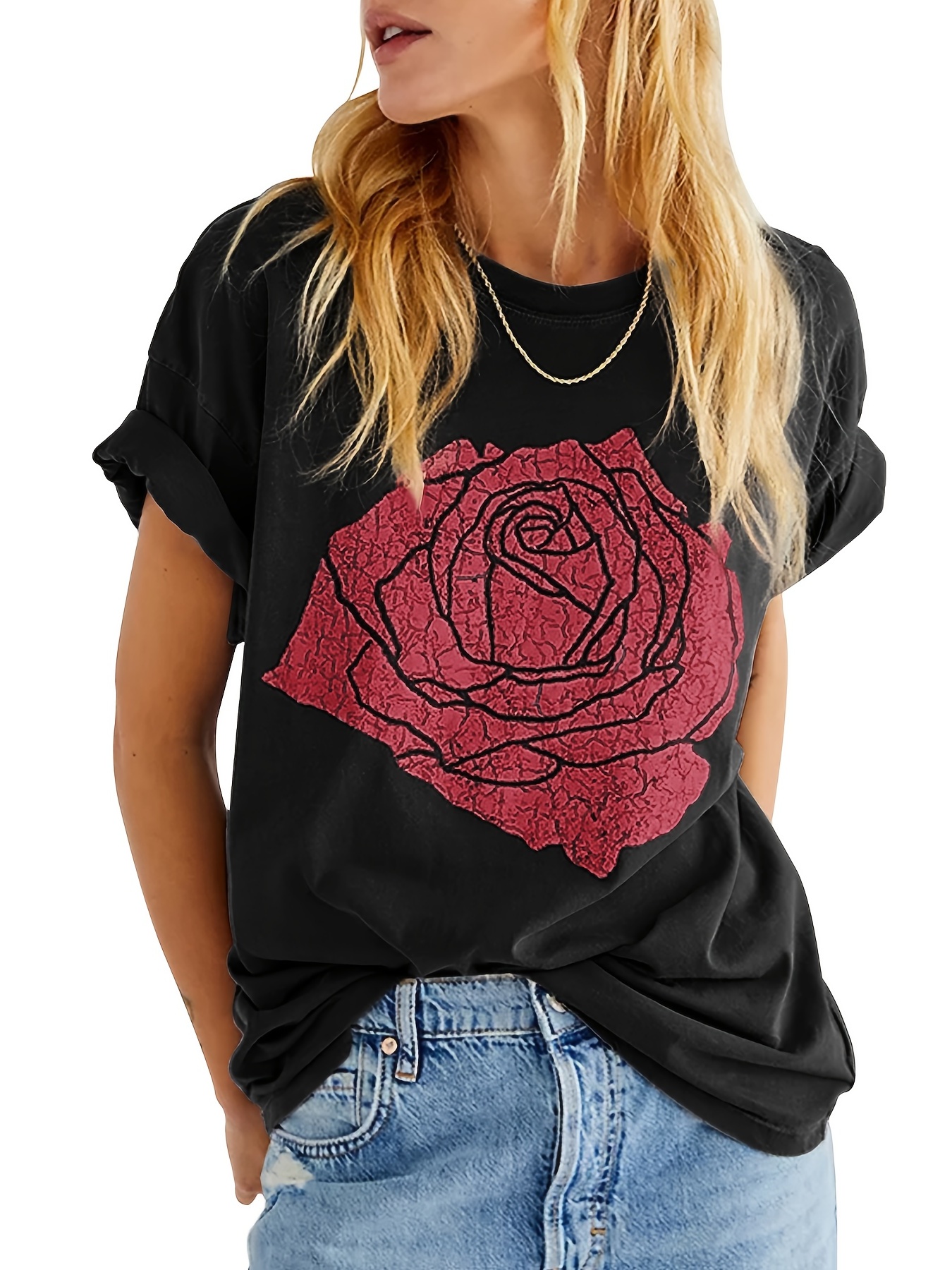 ローズプリントクルーネックtシャツ、春夏カジュアル半袖tシャツ、婦人服 Temu Japan
