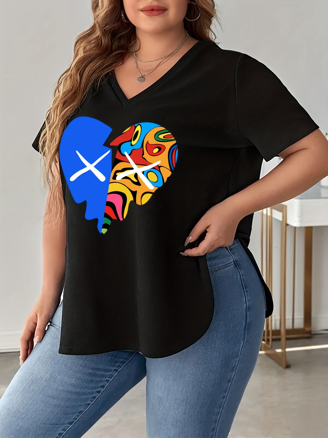 Plus Size Casual T Shirt Womens Plus Fluid Heart Print V Temu Australia