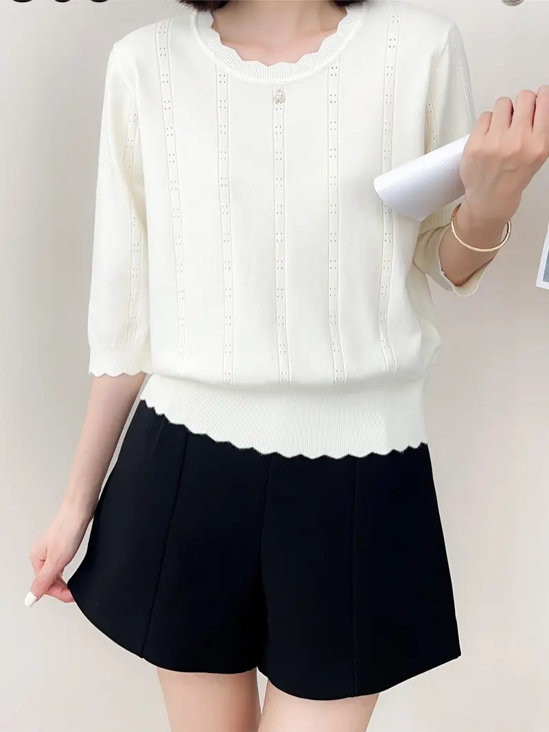 Solid Crew Neck Knitted Top Casual Half Sleeve Scallop Trim Sweater