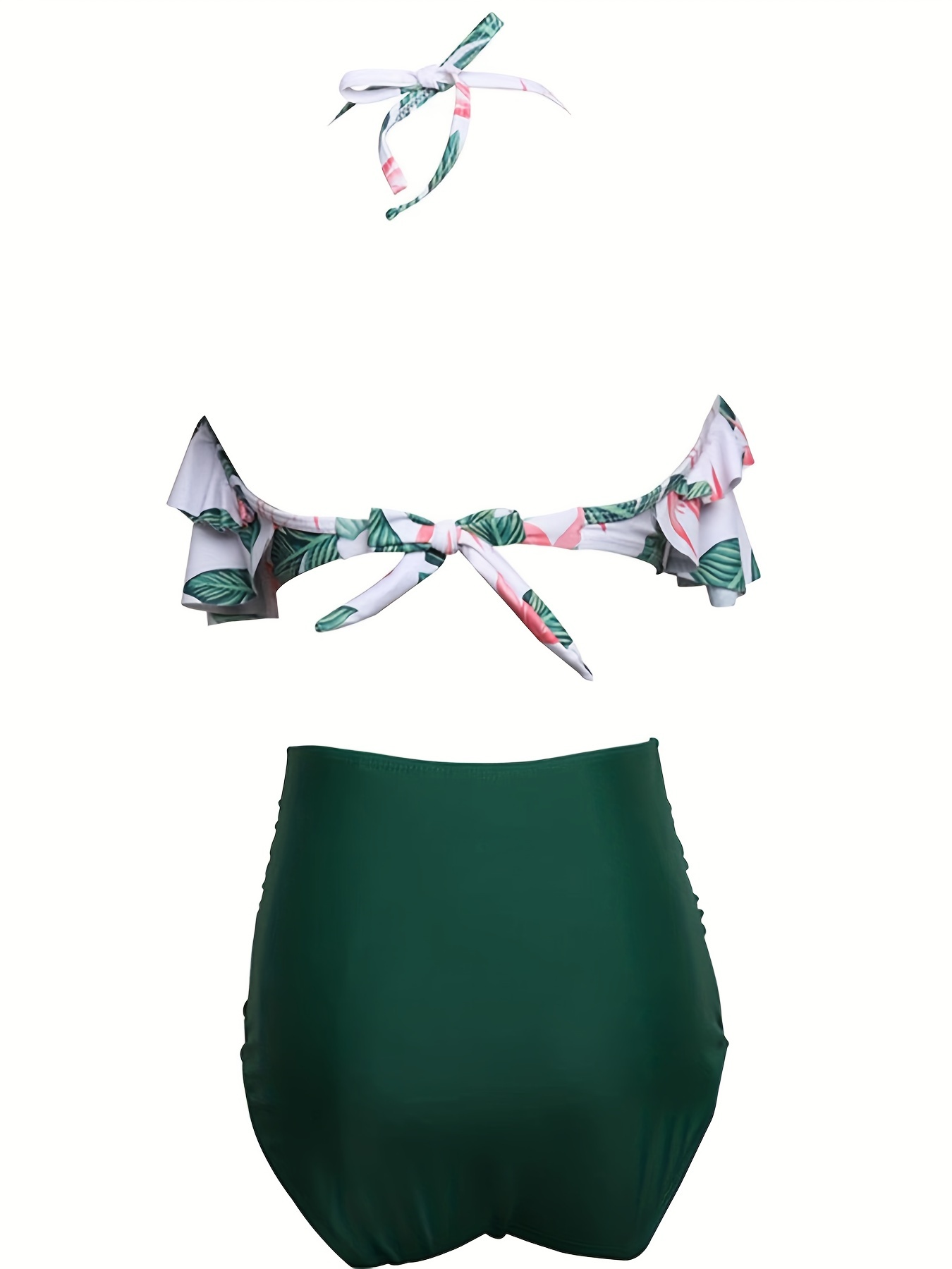 Tropical Leaf Print Ruffle Tiered Layer Swimsuit, Halter Ruched Tummy ...