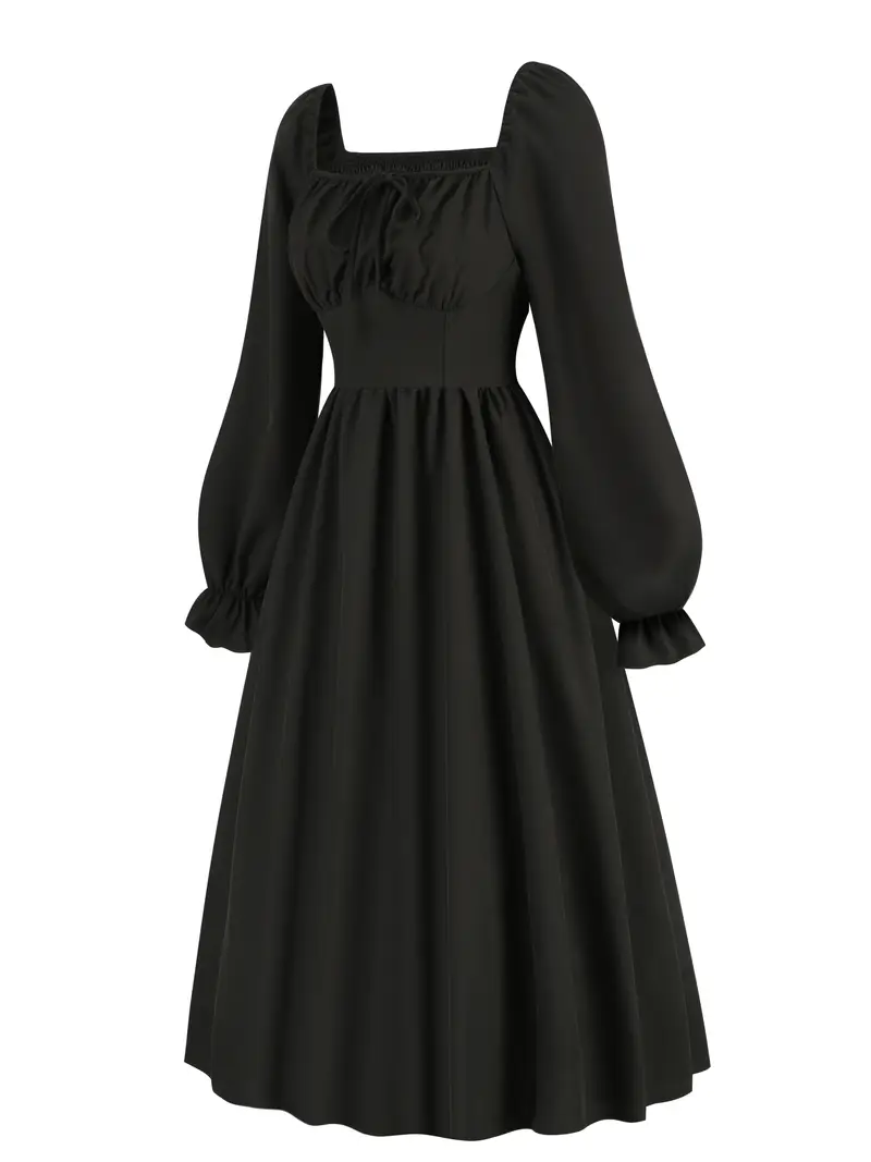 Tie Front Lantern Long Sleeve Dress Casual Solid Squared Temu