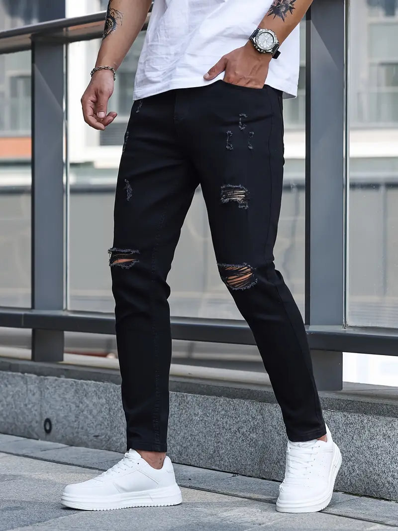 Mens Casual Ripped Skinny Jeans Chic Street Style Denim Temu Canada