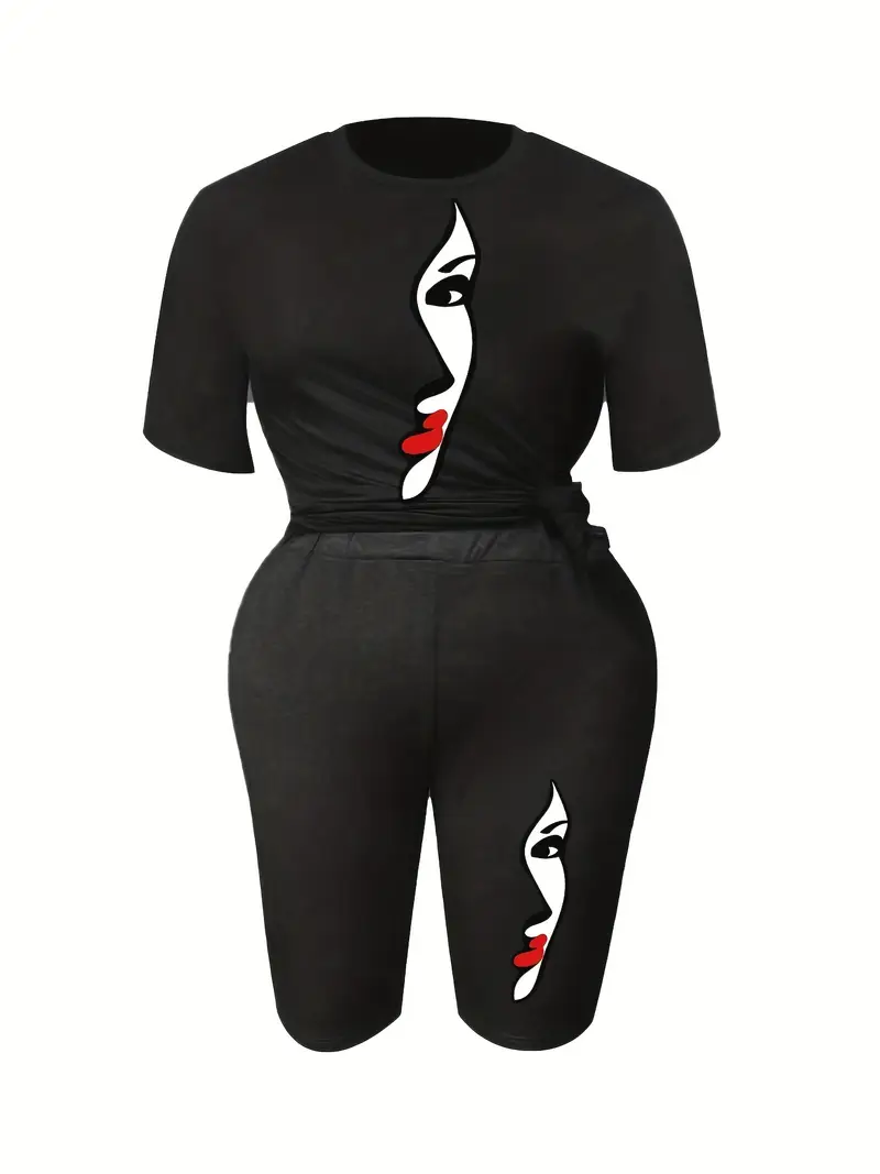 Ladys Face Print Two Piece Set Short Sleeve Crew Neck Casual T Shirt