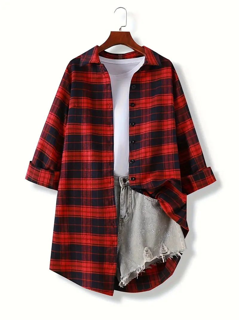 Plaid Button Front Shirt Dress Casual Long Sleeve Dress Temu Philippines