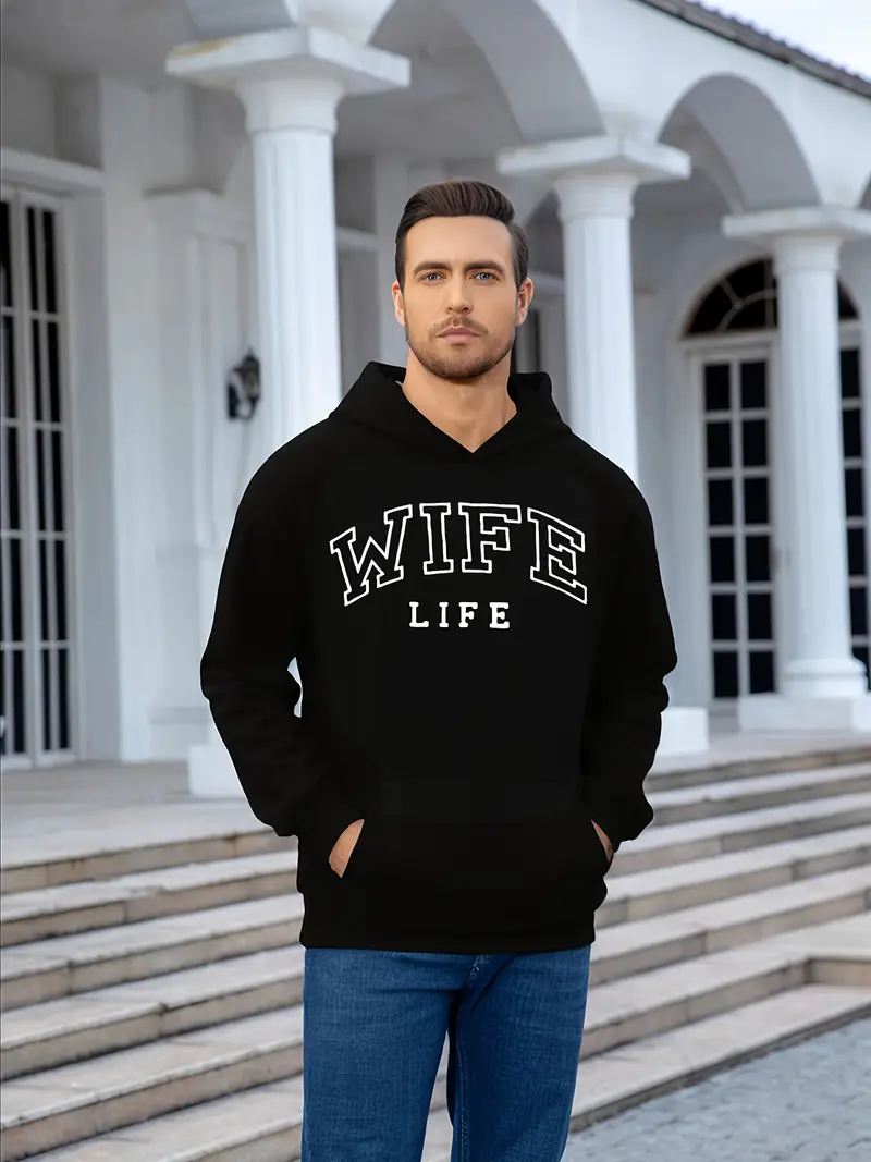 Wife Life Print Kangaroo Pocket Hoodie Casual Long Sleeve Temu Canada