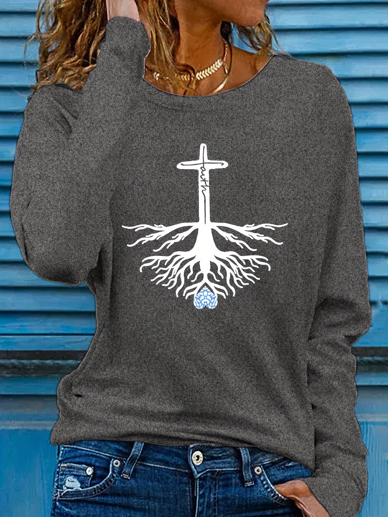 Faith Cross Print T shirt Casual Crew Neck Long Sleeve Top - Temu Canada
