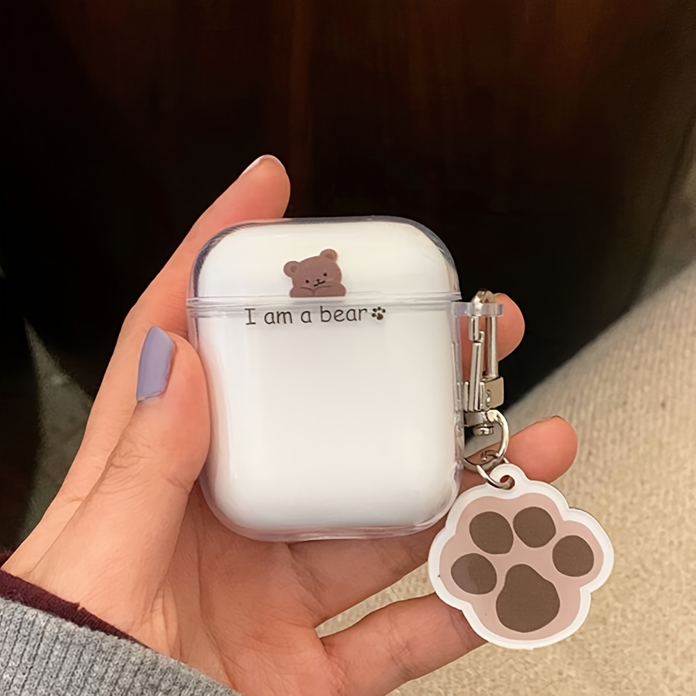 Cute Bear Pattern Airpods2 Case With Bear Paw Keychain For Airpods1/2, Pro, Pro2, 3 ...