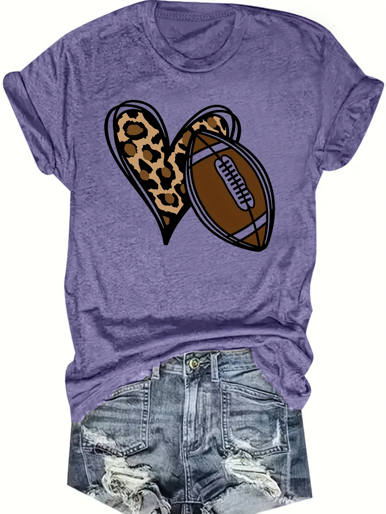 Leopard Heart Rugby Print T shirt Casual Crew Neck Short - Temu Canada