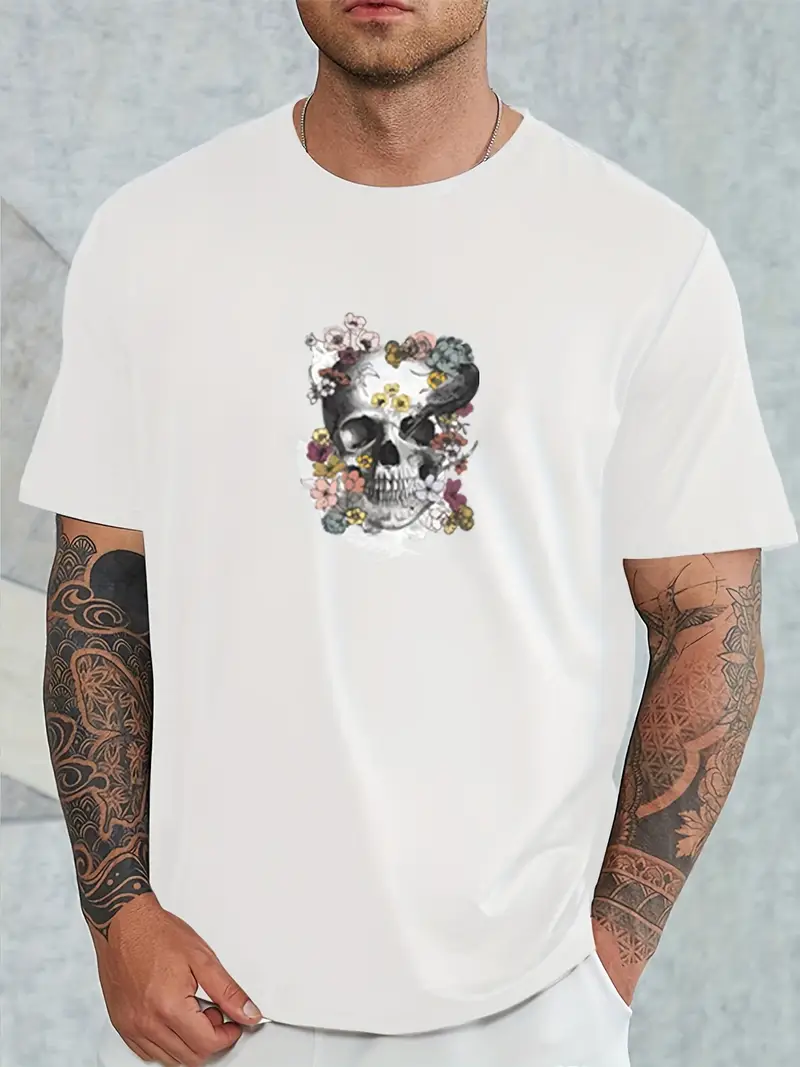Plus Size Mens Trendy Flower Skull Graphic Tees Comfy Temu New Zealand