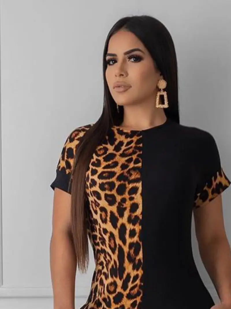 Leopard Print Bodycon Dress Elegant Stitching Crew Neck Temu