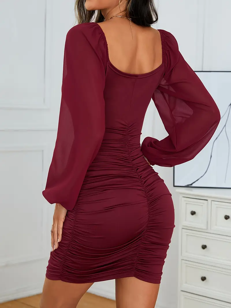 Contrast Mesh Ruched Bodycon Dress Elegant Lantern Sleeve Temu Australia