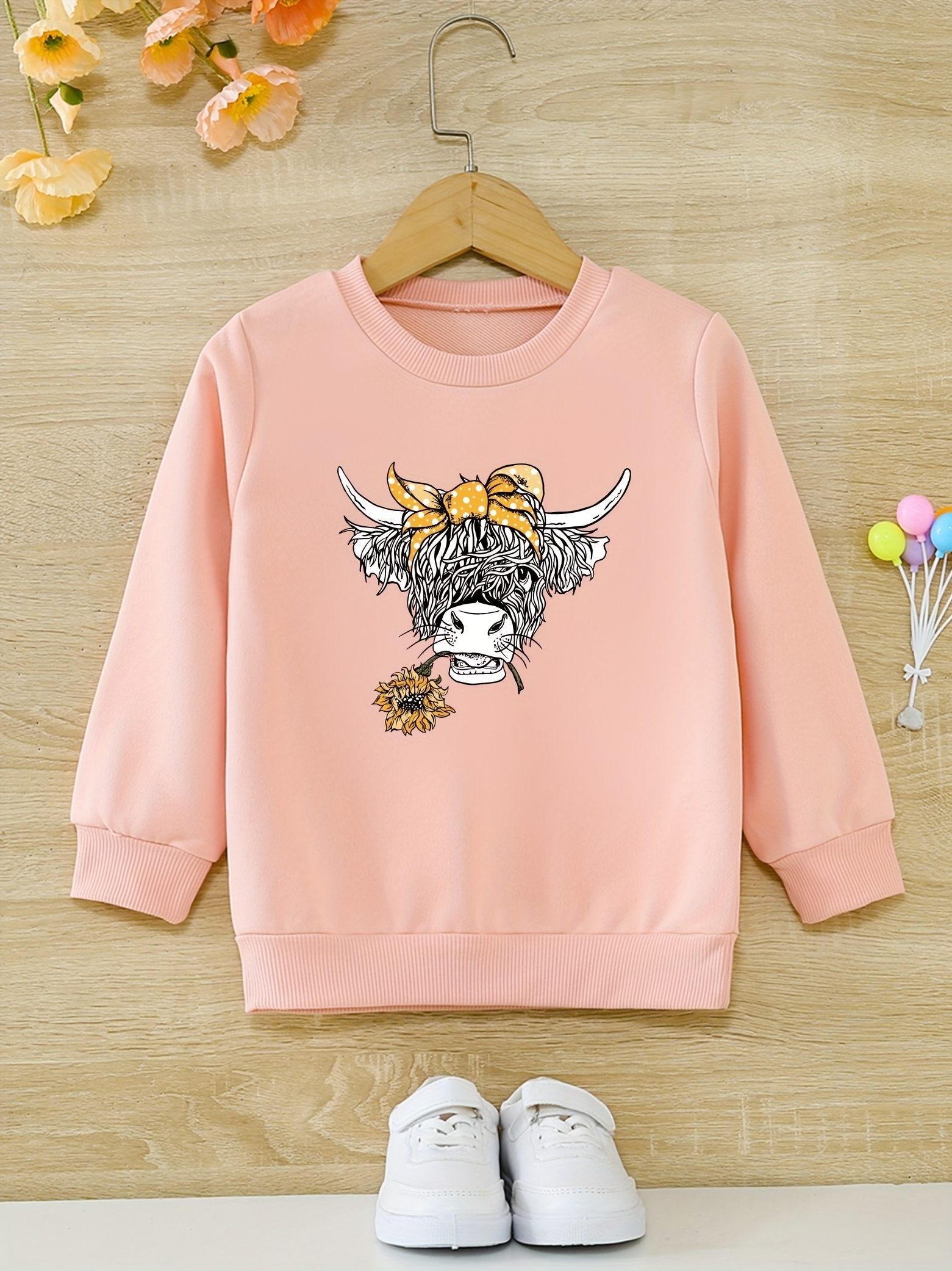 Cute Chewing Cow Pattern Sweatshirt Girls Relaxed Fit Daily - Temu Ireland