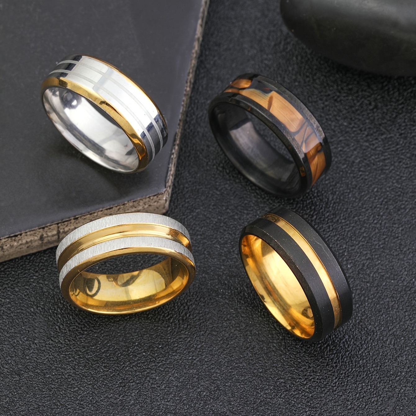 Fashion Simple Line Contrast Color Stainless Steel Rings - Temu Ireland