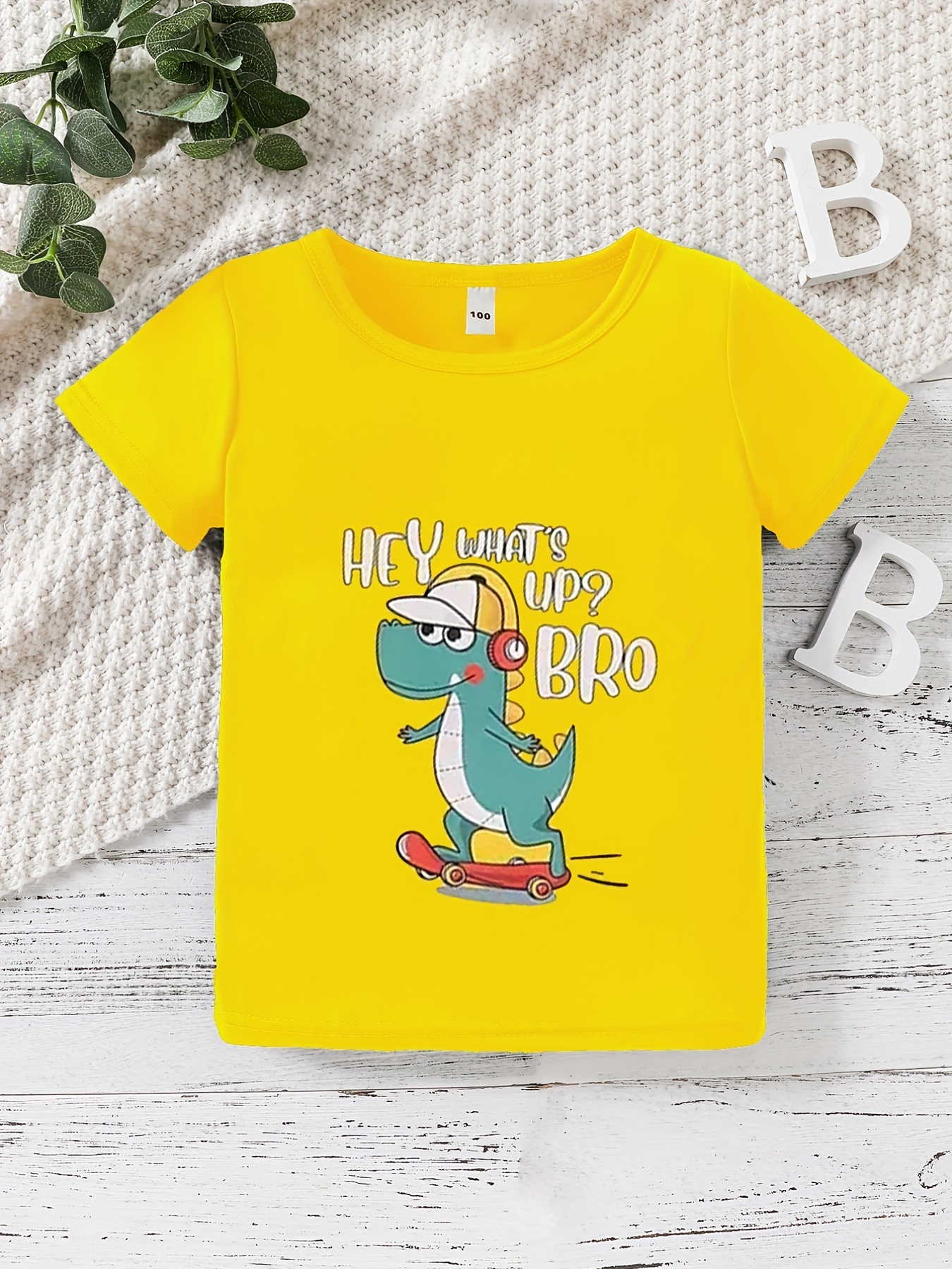Boys Hey Bro Cartoon Dinosaur And Skateboard Round - Temu New Zealand