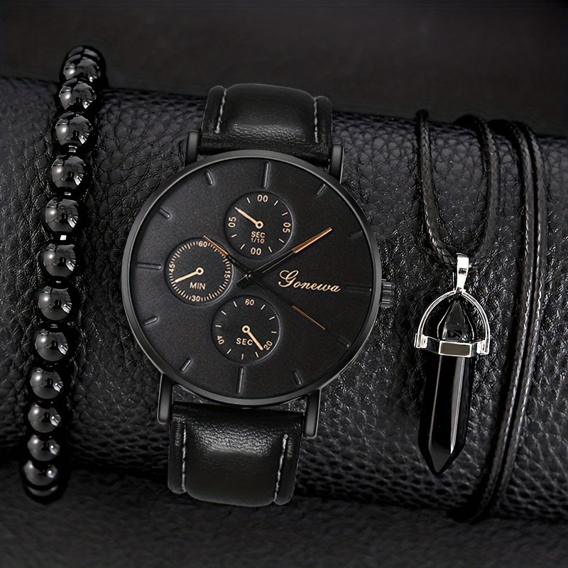 Simple Men's Quartz Wrist Watch & Beading Bracelet & Hexagonal Column ...