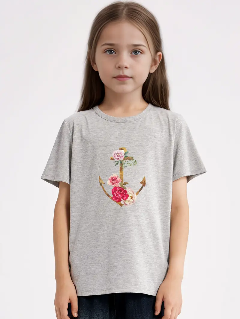Girls Anchor Flower Graphic Short Sleeve T Shirt Comfy Temu Ireland