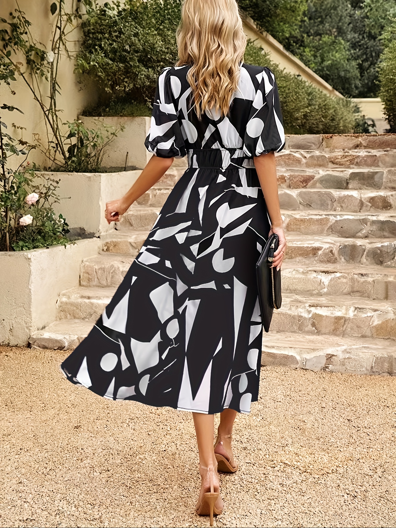 Allover Print V Neck Dress Elegant Short Sleeve Dress Spring - Temu Canada