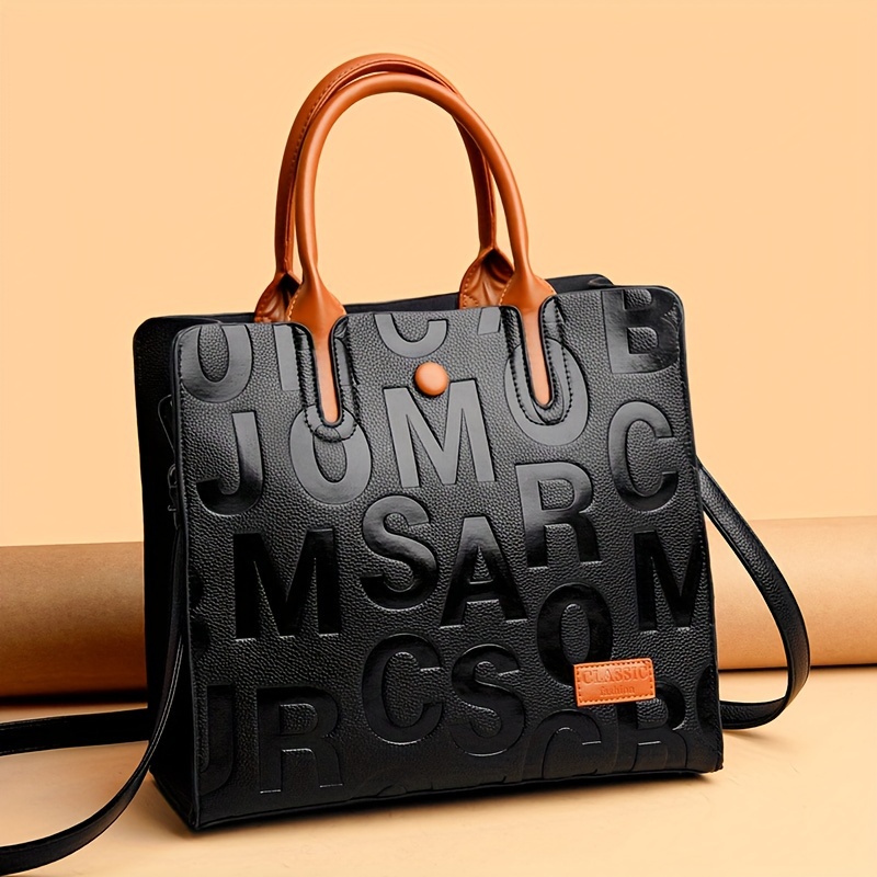 Trendy Letter Embossed Tote Bag Casual Large Capacity - Temu United Kingdom