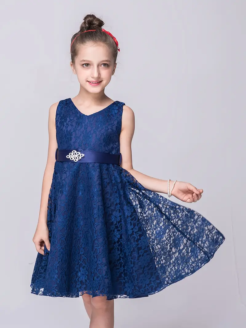 Girls Sleeveless Flowers Lace Rhinestones Puffy Princess Temu