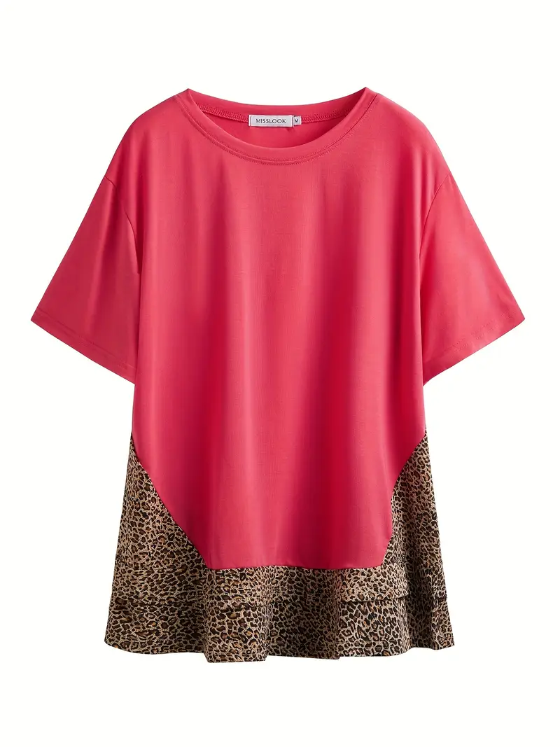 Leopard Print Stitching T Shirt Casual Crew Neck Short Temu Australia