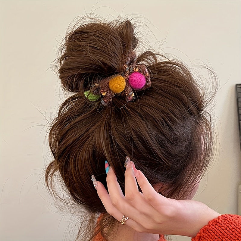 colorful knitted pom pom hair ties soft plush elastic bands Temu
