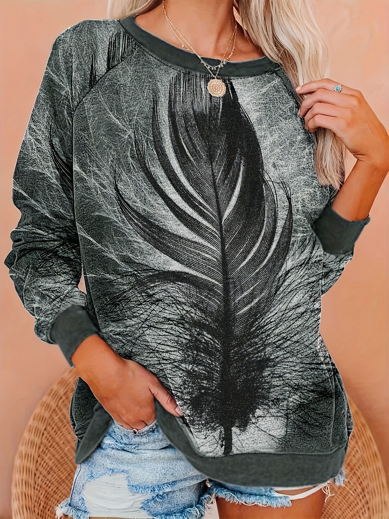Feather Print Pullover Sweatshirt Casual Raglan Sleeve Crew - Temu New ...