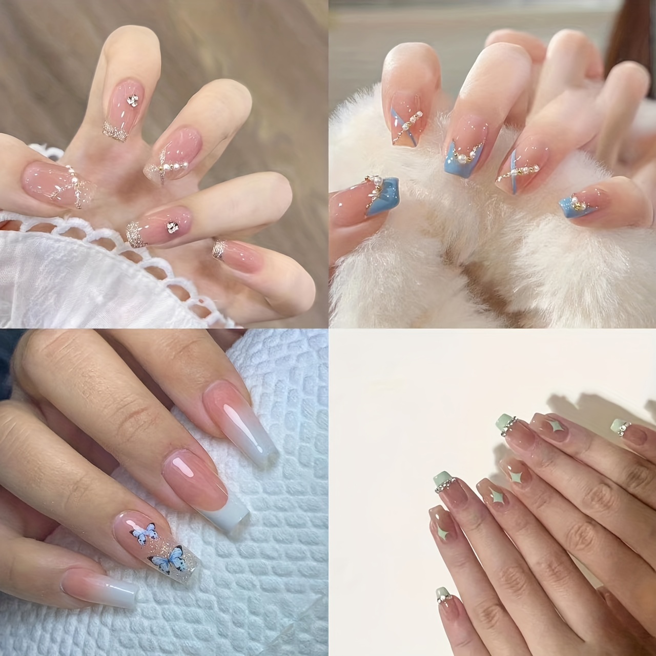 Glossy Medium Square Press Nails French Nails Butterfly - Temu Canada