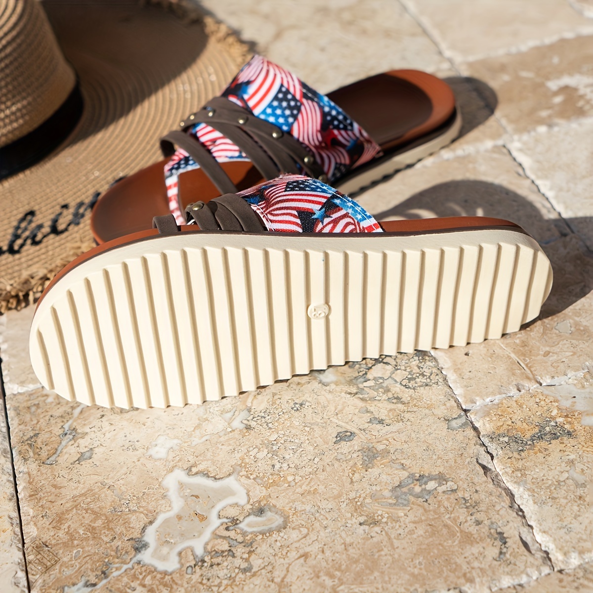 Women's Flag Pattern Thong Sandals Studded Belt Slip - Temu