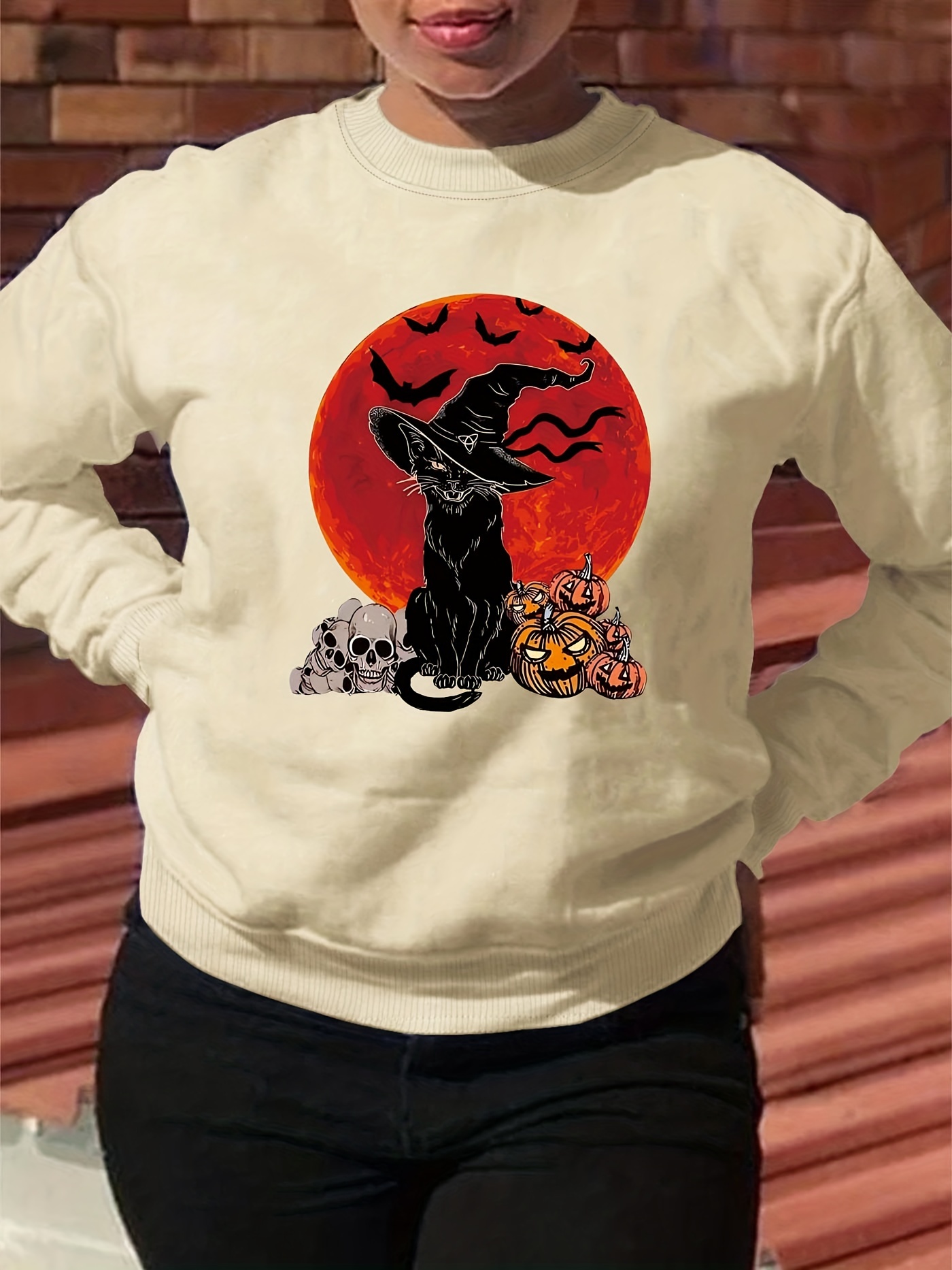 Halloween Print Sweatshirt Casual Long Sleeve Crew Neck Sweatshirt Womens Clothing - Women's ...