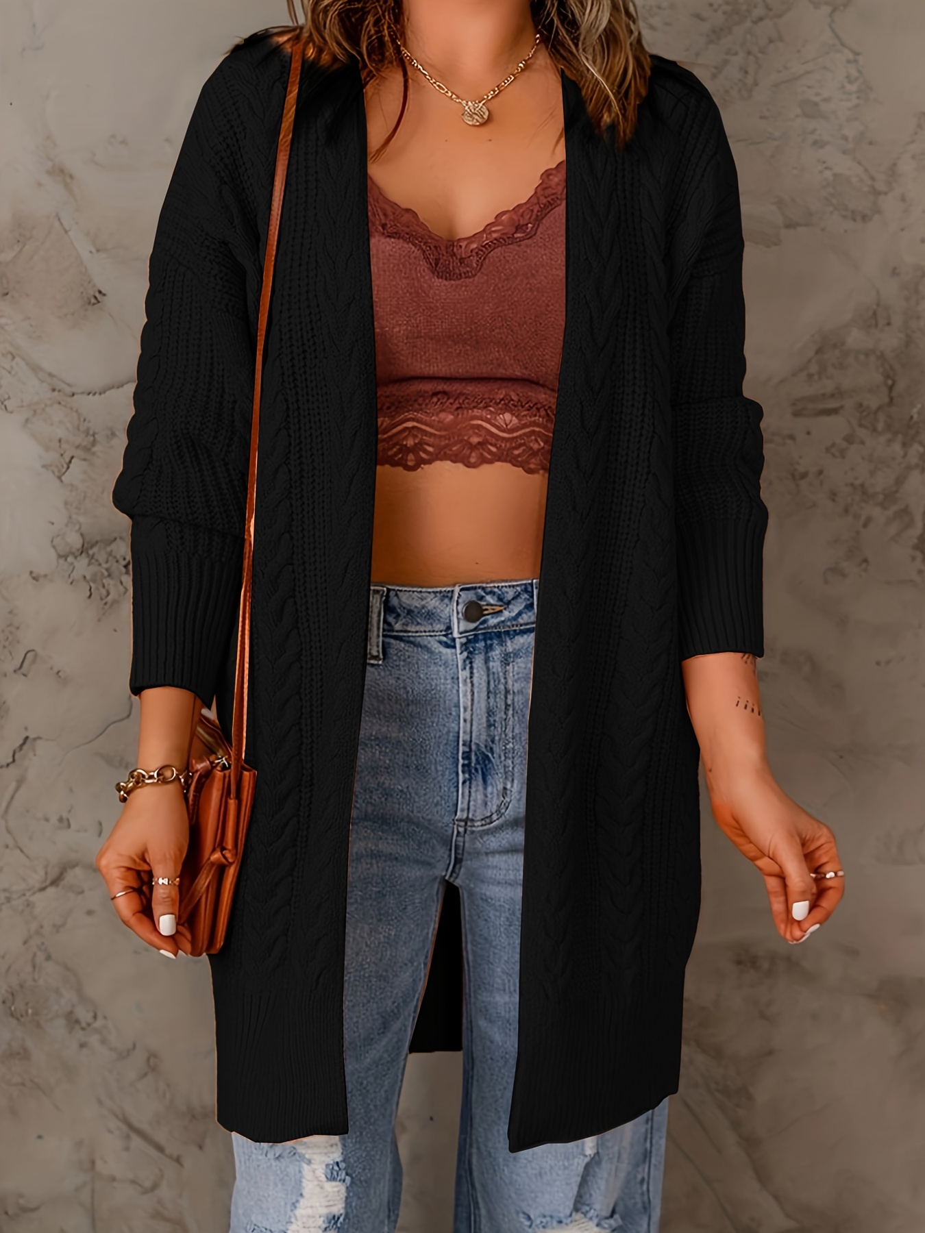 Solid Cable Knit Cardigan Casual Open Front Long Length - Temu Australia