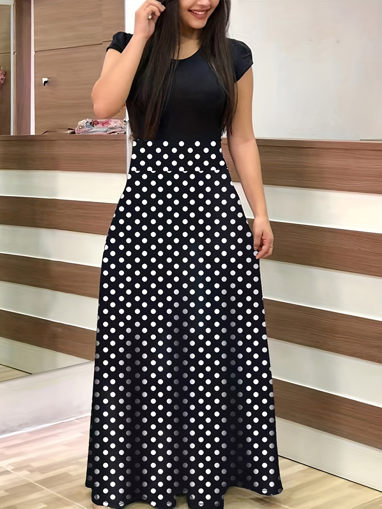 Floral Print Splicing Dress Elegant Crew Neck Short Sleeve - Temu