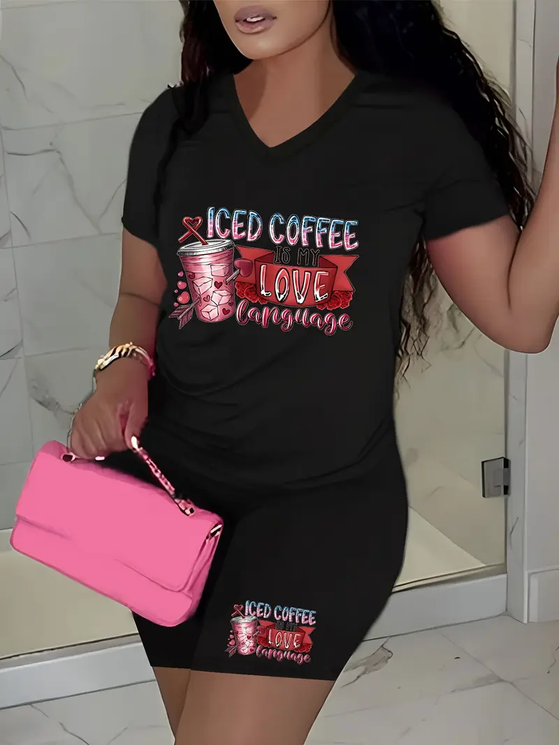 Plus Size Letter Print Two Piece Short Sleeve T Shirt Shorts Temu Canada