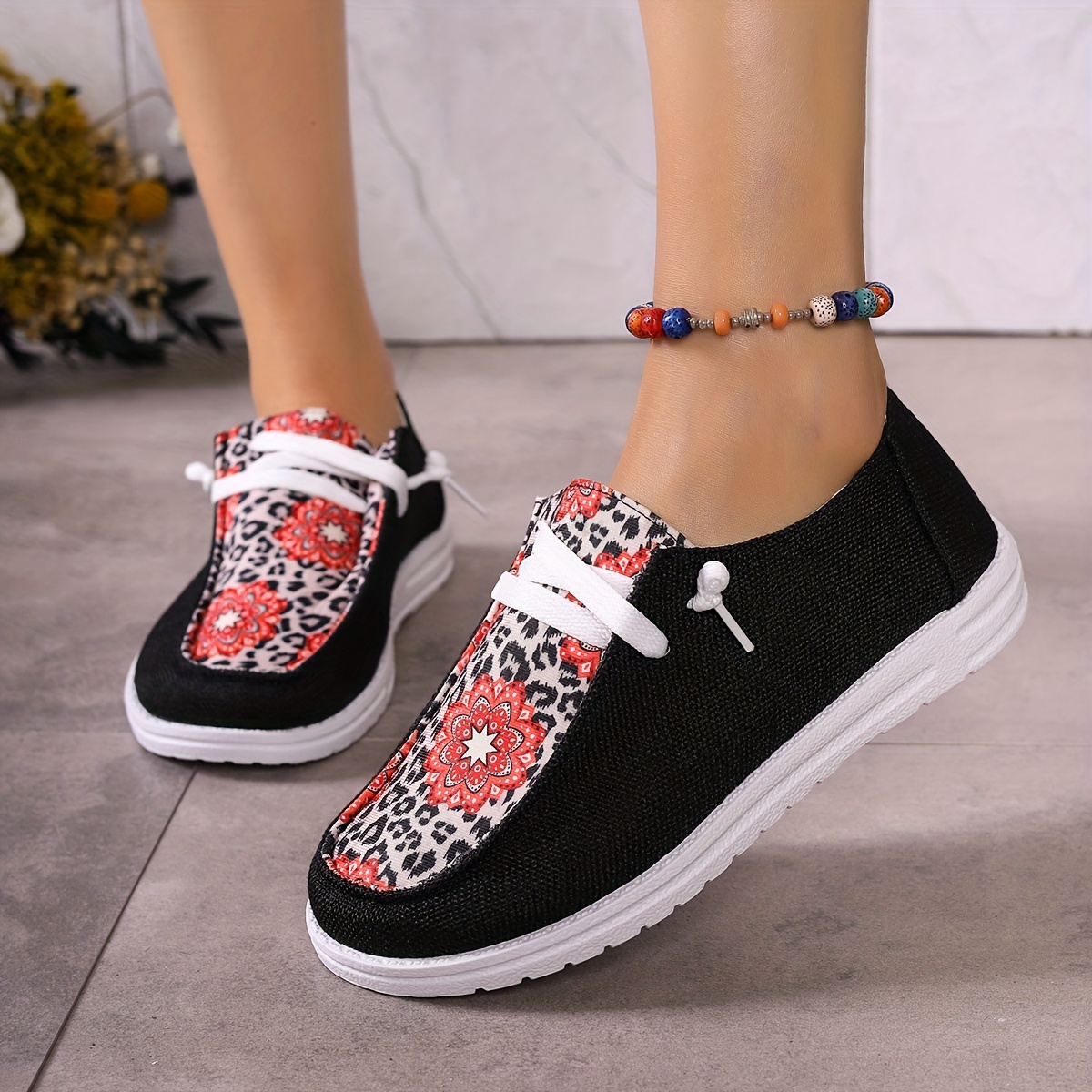 Women's Leopard Flower Print Canvas Shoes Casual Lace - Temu Norway