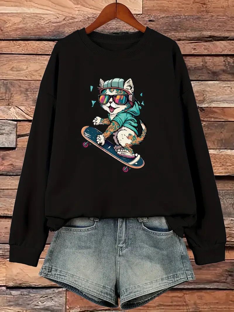 Cartoon Print Sweatshirt Plus Size Crew Neck Casual Temu Canada