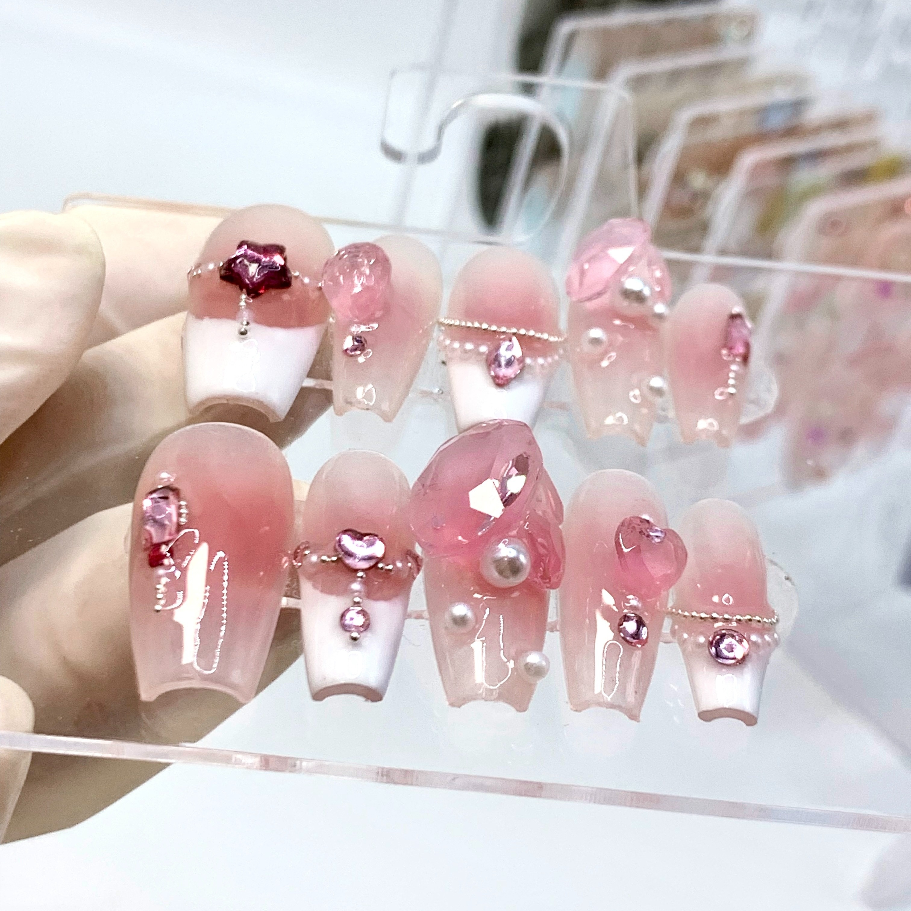 Handmade Sweet Blush Nails Pinkish Rhinestone Pearl - Temu United Emirates