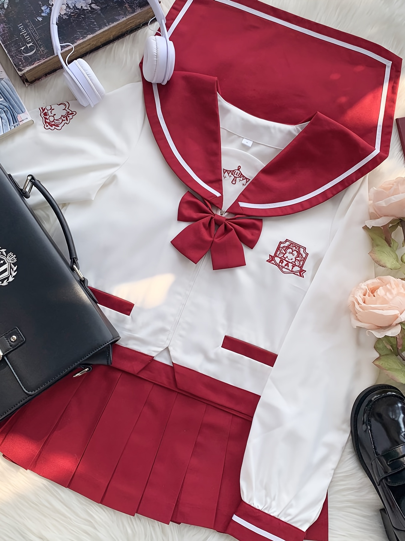 赤いセーラー服 長袖ボタンアップセー ツトップ プリーツスカート リ ト 日本の アニメコス Temu Japan