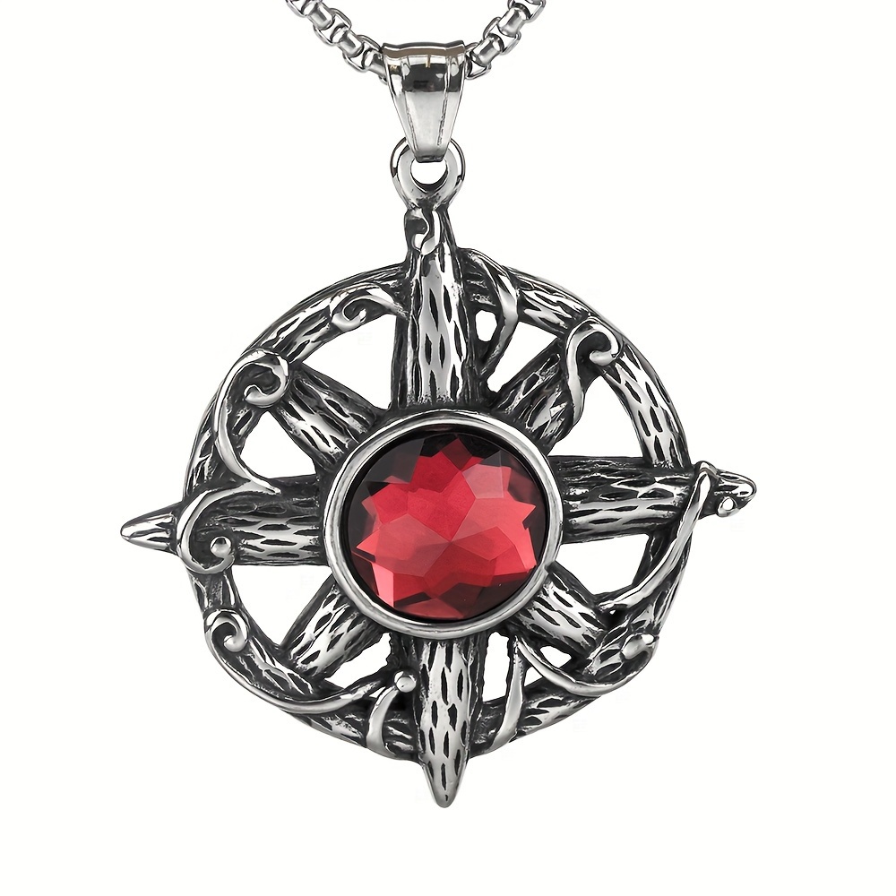 Stainless Steel Red Gemstone Compass Rudder Pendant Necklace, Creative ...