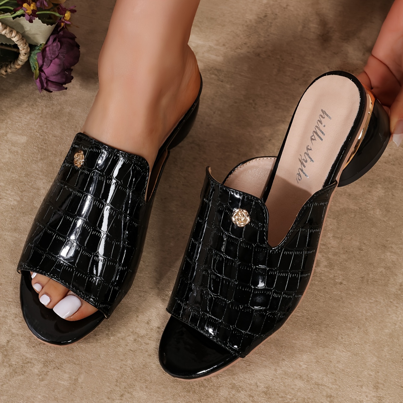 女性用ソリッドカラースタイリッシュサンダル 花柄装飾スリップオンカジュアルチャンキーヒールドレススライド サマーパーティ - Temu Japan