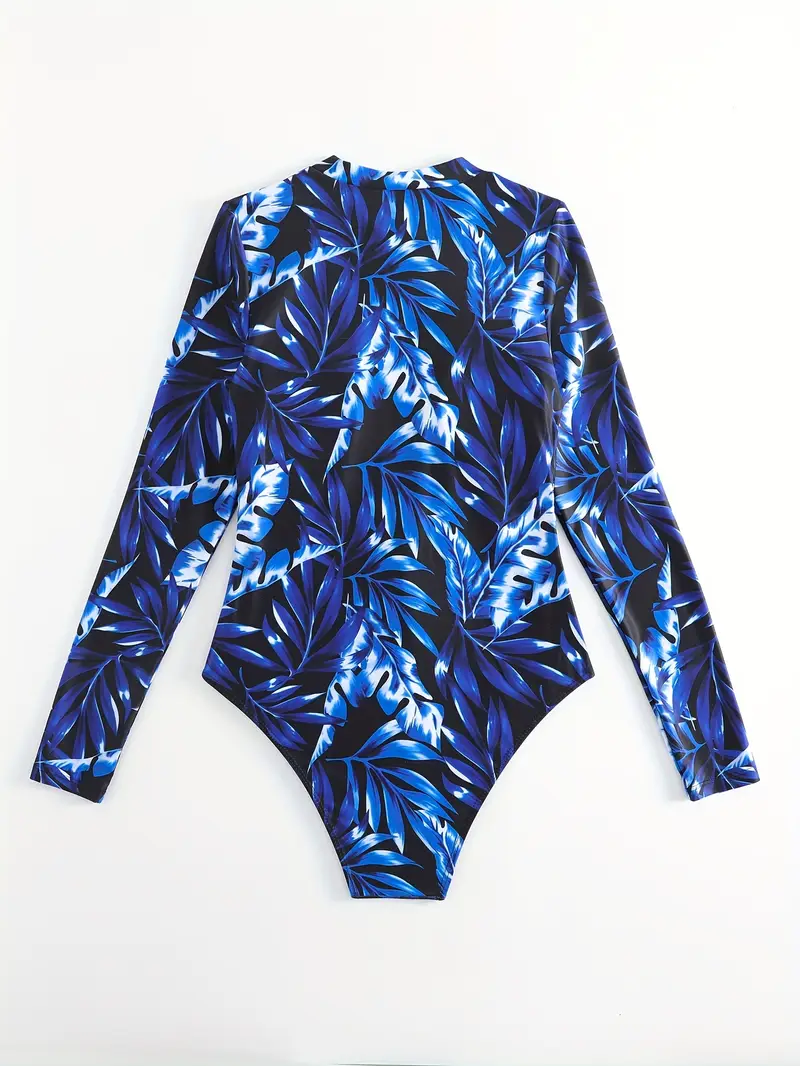 Leaf Print Zip Front Bathing Suit Round Neck Long Sleeves Tummy