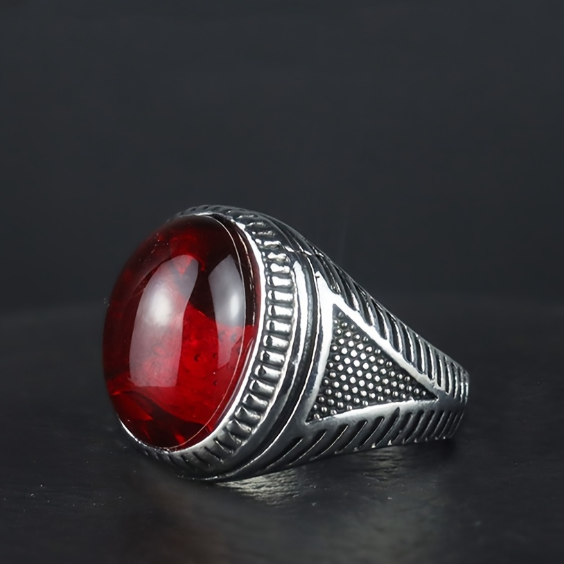 Men's Black Red Synthetic Gemstone Ring Vintage Silvery - Temu United ...