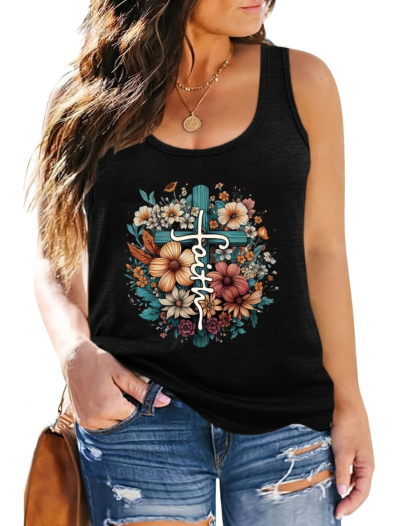 Floral Letter Print Tank Top Plus Size Casual Sleeveless Top - Temu Canada